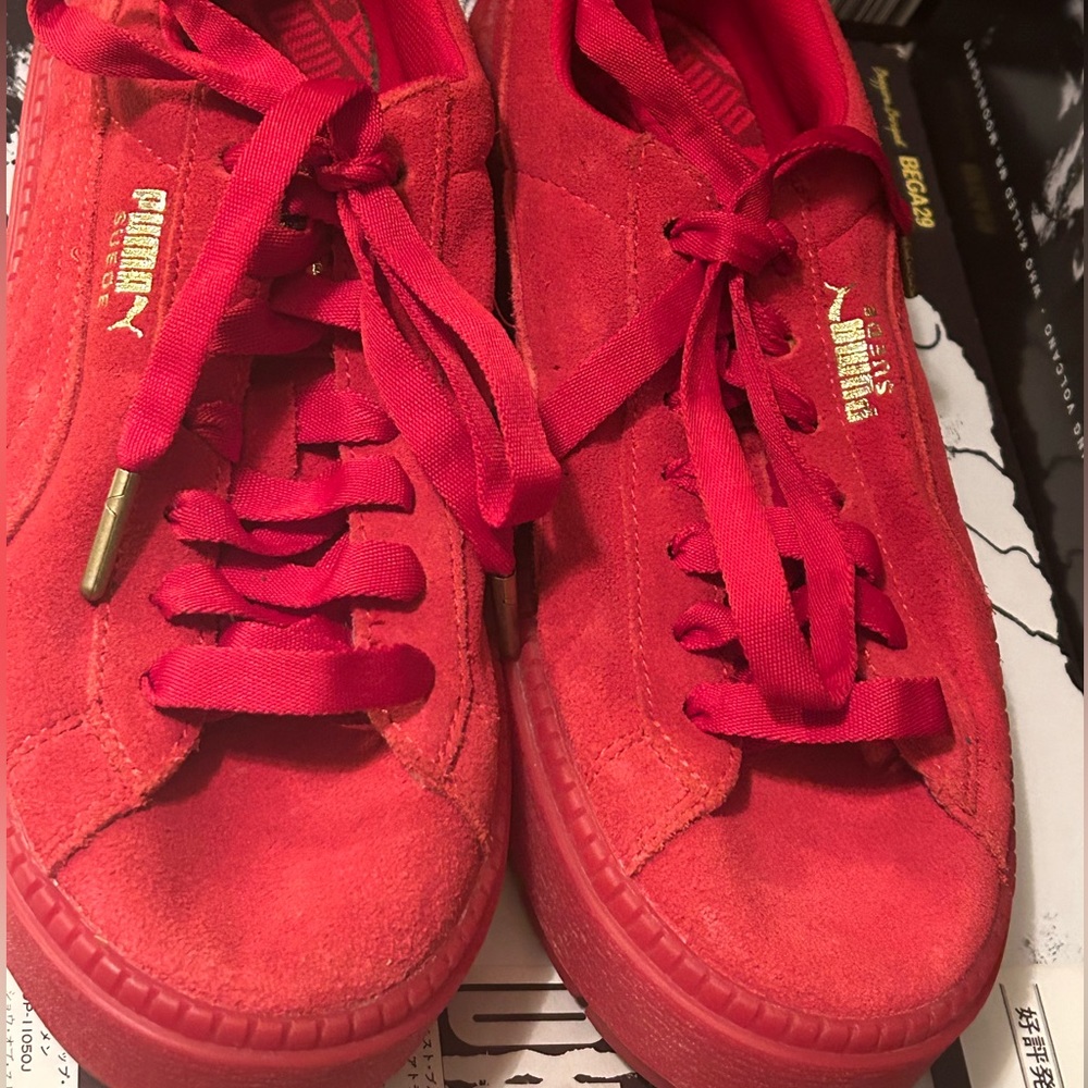Puma Red Suede Trace Valentines Day Platform Sneakers. - Gem